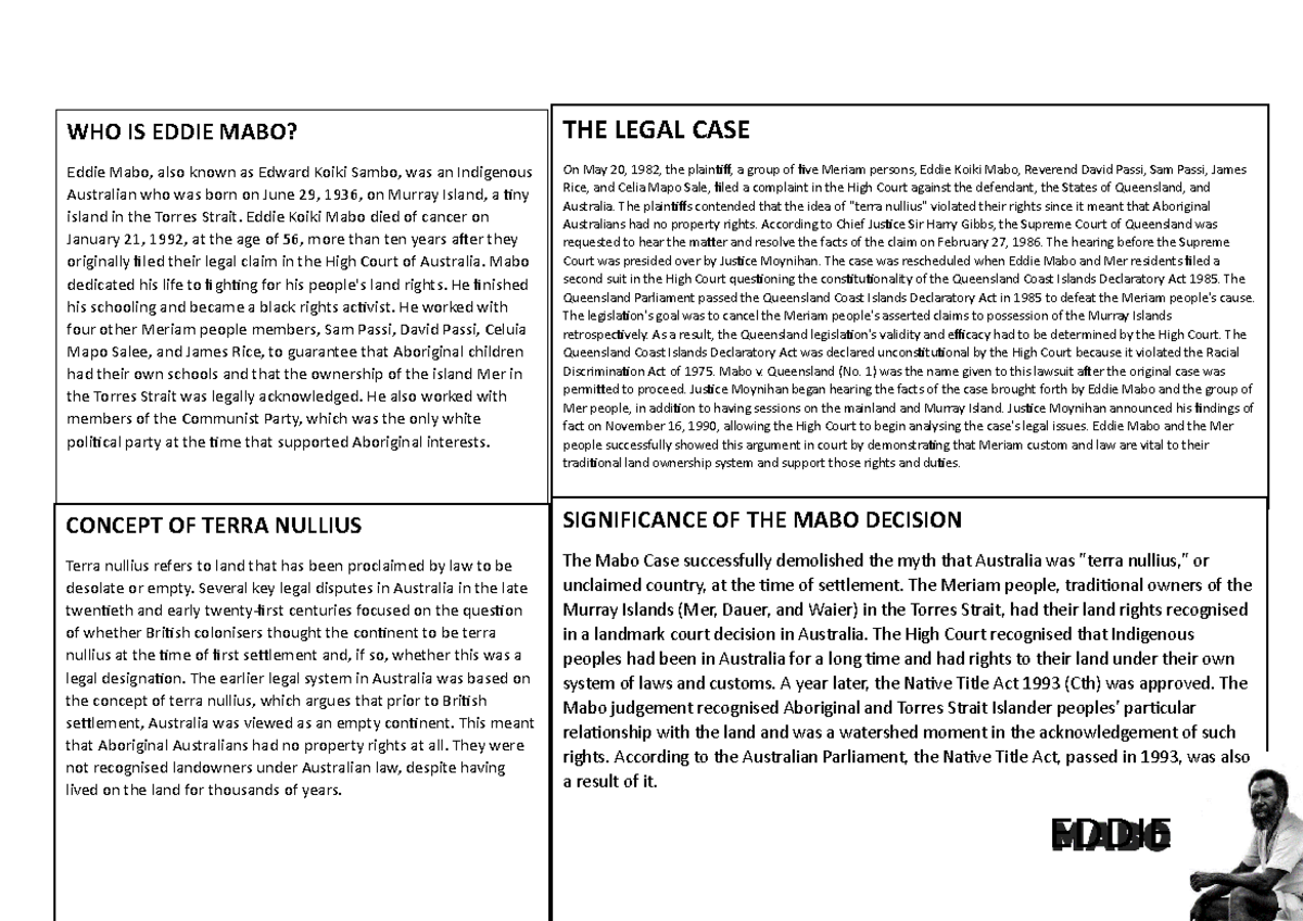 Eddie Mabo Research U2AOS3 - THE LEGAL CASE On May 20, 1982, the ...