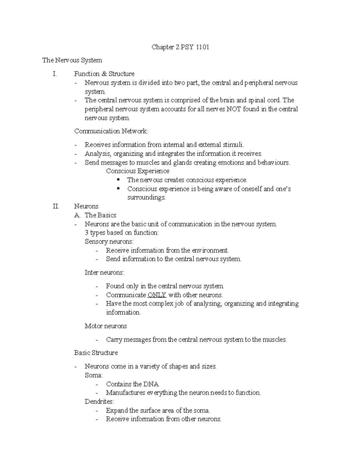 Chpt 2 PSY 1101 - Dr. Haddad - Chapter 2 PSY 1101 The Nervous System I. Function & Structure ...