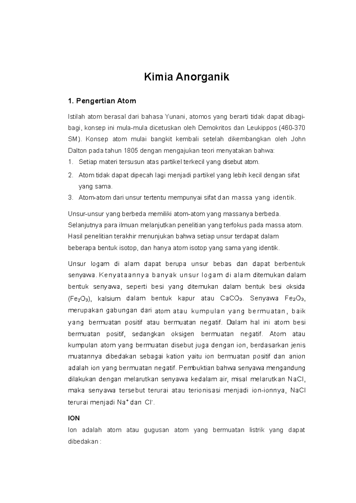 1. kimia anorganik - Kimia Anorganik 1. Pengertian Atom Istilah atom berasal dari bahasa Yunani ...