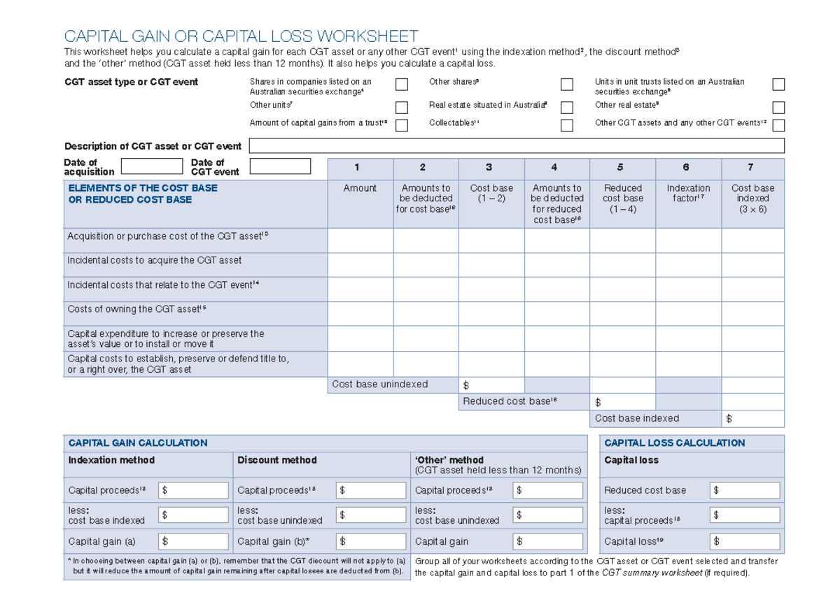 CGT gain or loss worksheet 2021 - Date of acquisition Date of CGT event ...