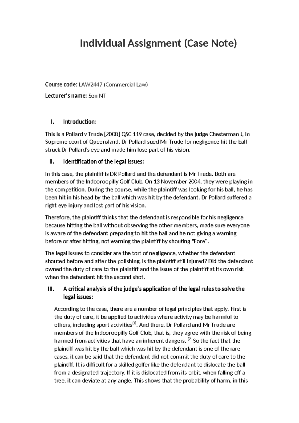 Assignment 1 - Comlaw assignmet 1 - Individual Assignment (Case Note ...