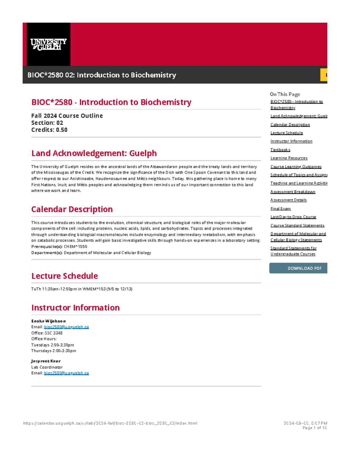 BIOC 2580 Course Outline - BIOC*2580 02: Introduction to Biochemistry ...