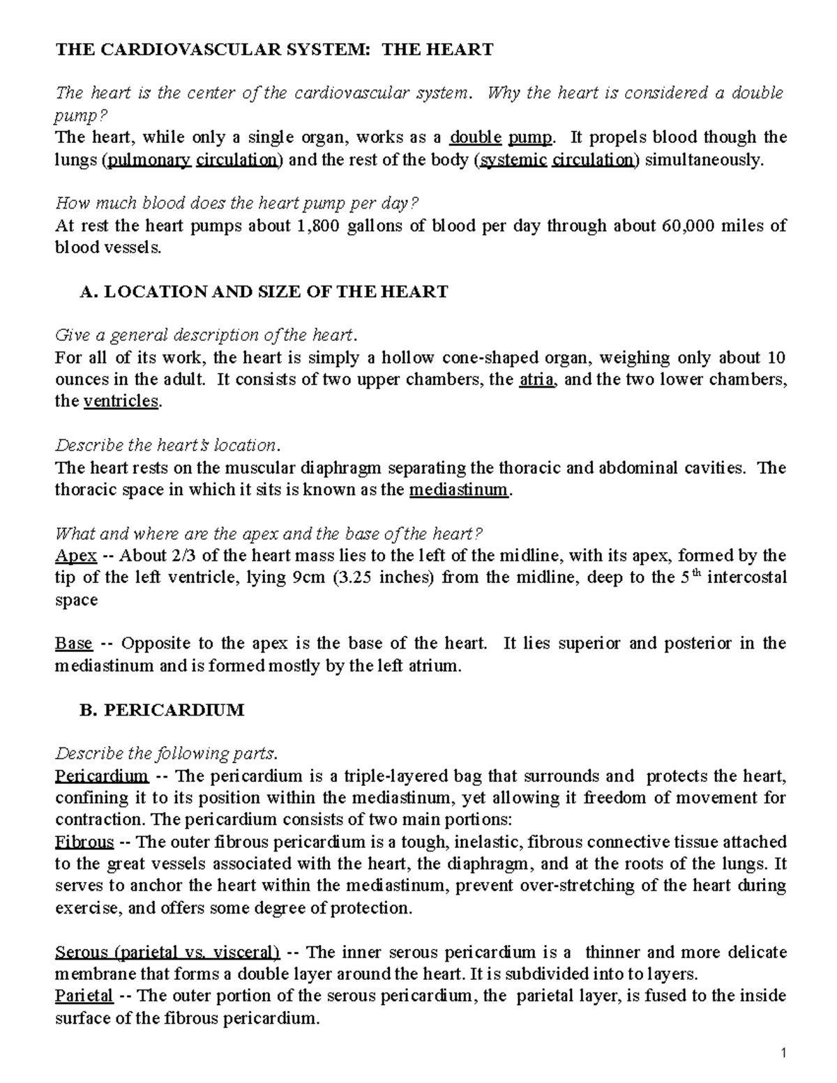 Study Guide Cardiovascular system - THE CARDIOVASCULAR SYSTEM: THE ...
