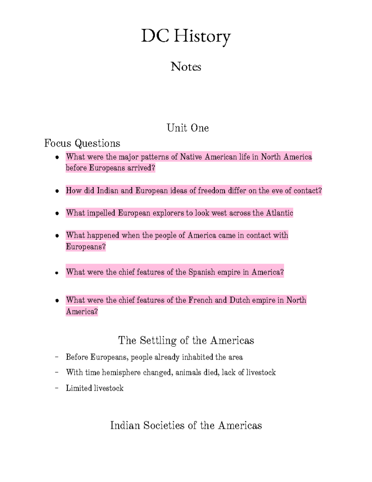 DC History Notes - Notes Unit One Focus Questions What were the major ...