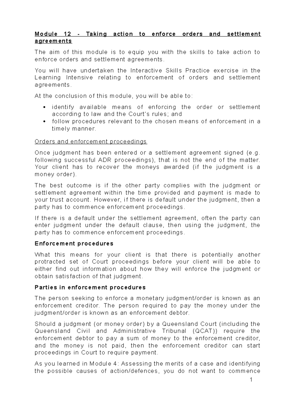 Module 12 Taking Action To Enforce Orders And Settlement Agreements You Will Have Undertaken 