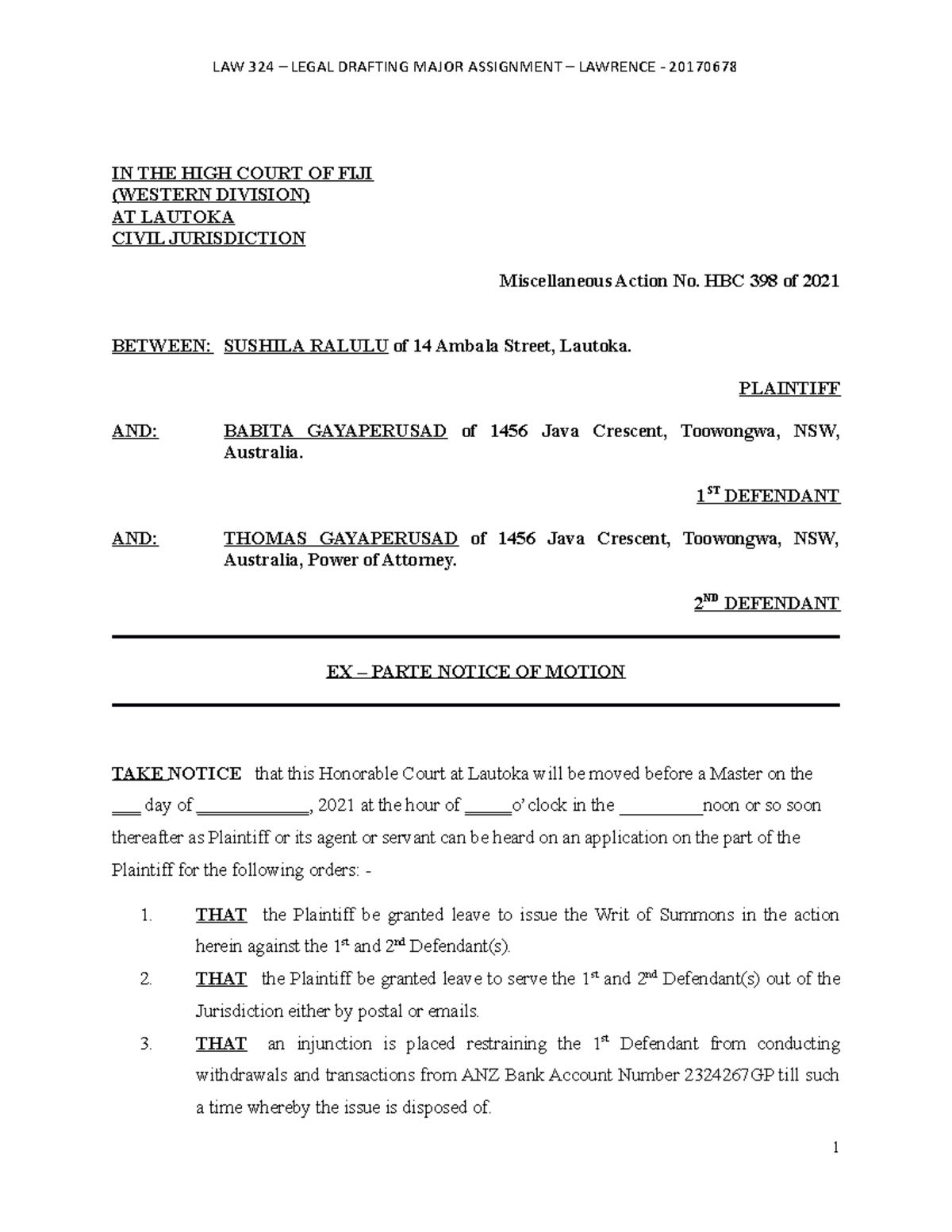 LAW 324 - Major Assignment 27.5 Marks - IN THE HIGH COURT OF FIJI ...