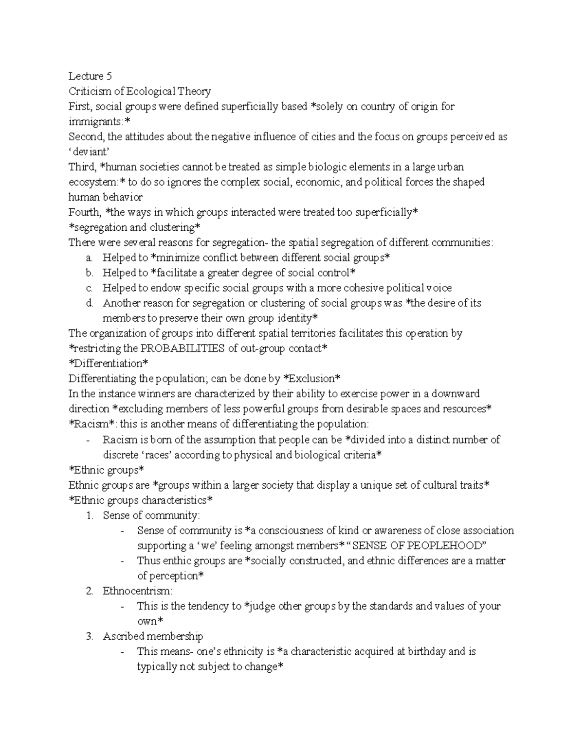 Lecture 5 - Class notes - Lecture 5 Criticism of Ecological Theory ...