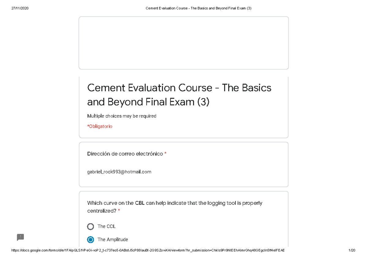 Cement Evaluation Course - The Basics and Beyond Final Exam - Dirección de correo electrónico ...