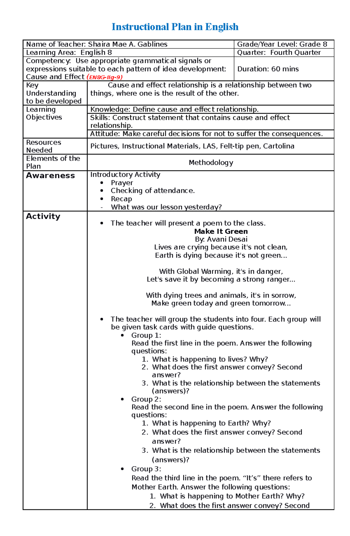 Cause AND Effect - Lesson Plan - Instructional Plan in English Name of ...