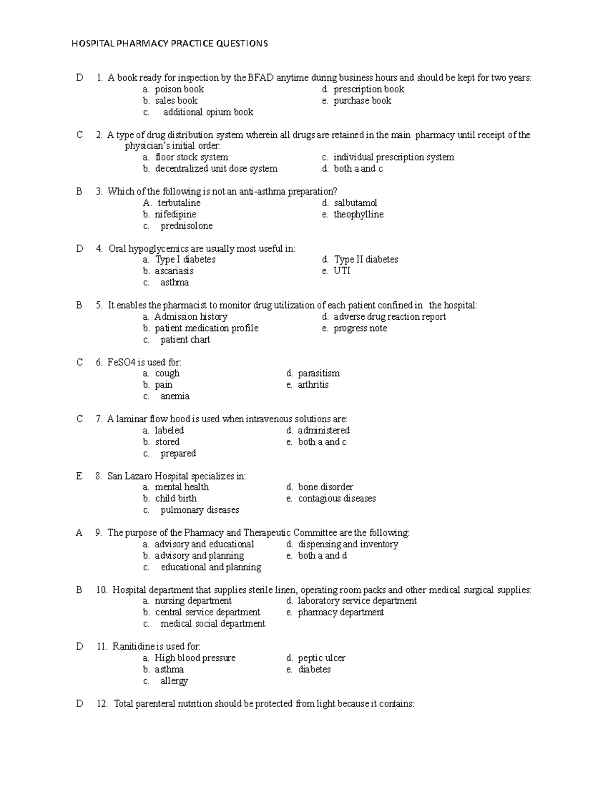 Hospital Pharmacy HOSPITAL PHARMACY PRACTICE QUESTIONS D 1 A Book