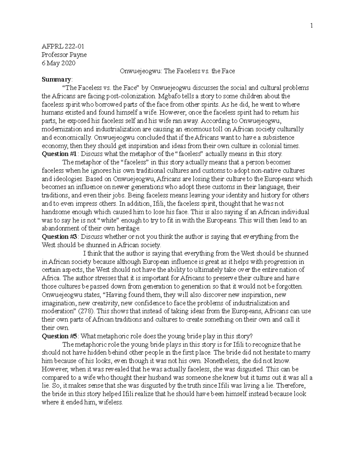 Afprl 222-01 Onwuejeogwu THE Faceless VS. THE FACE - 1 AFPRL 222 ...