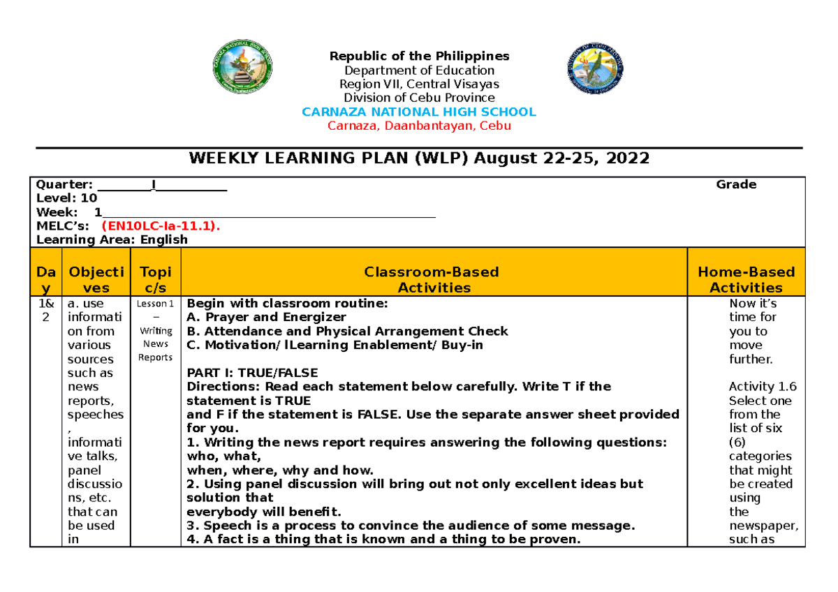 English 10- Weekly PLAN - Copy - Republic of the Philippines Department ...
