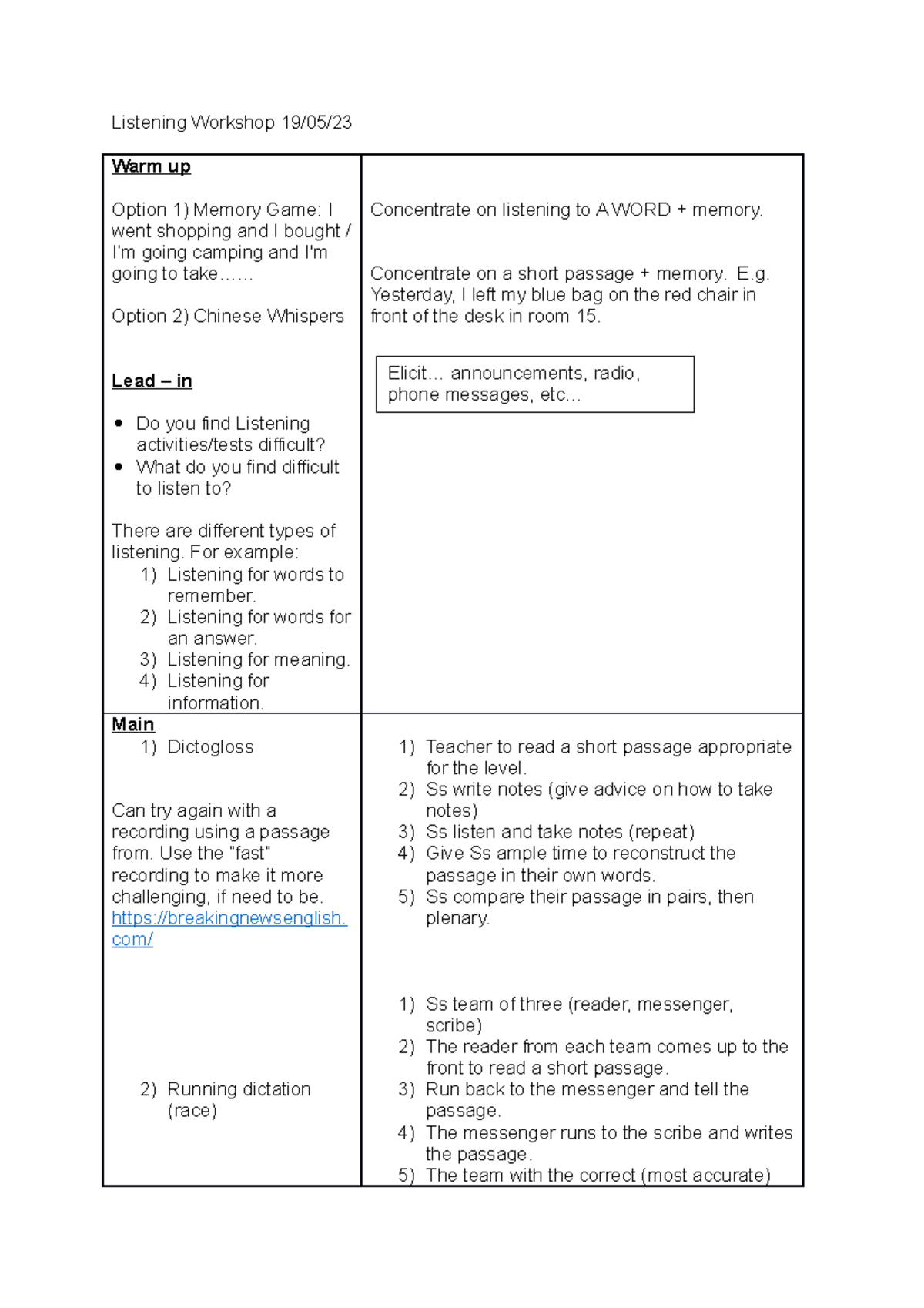 Listening Workshop 19 - ..... Option 2) Chinese Whispers Lead – in Do ...