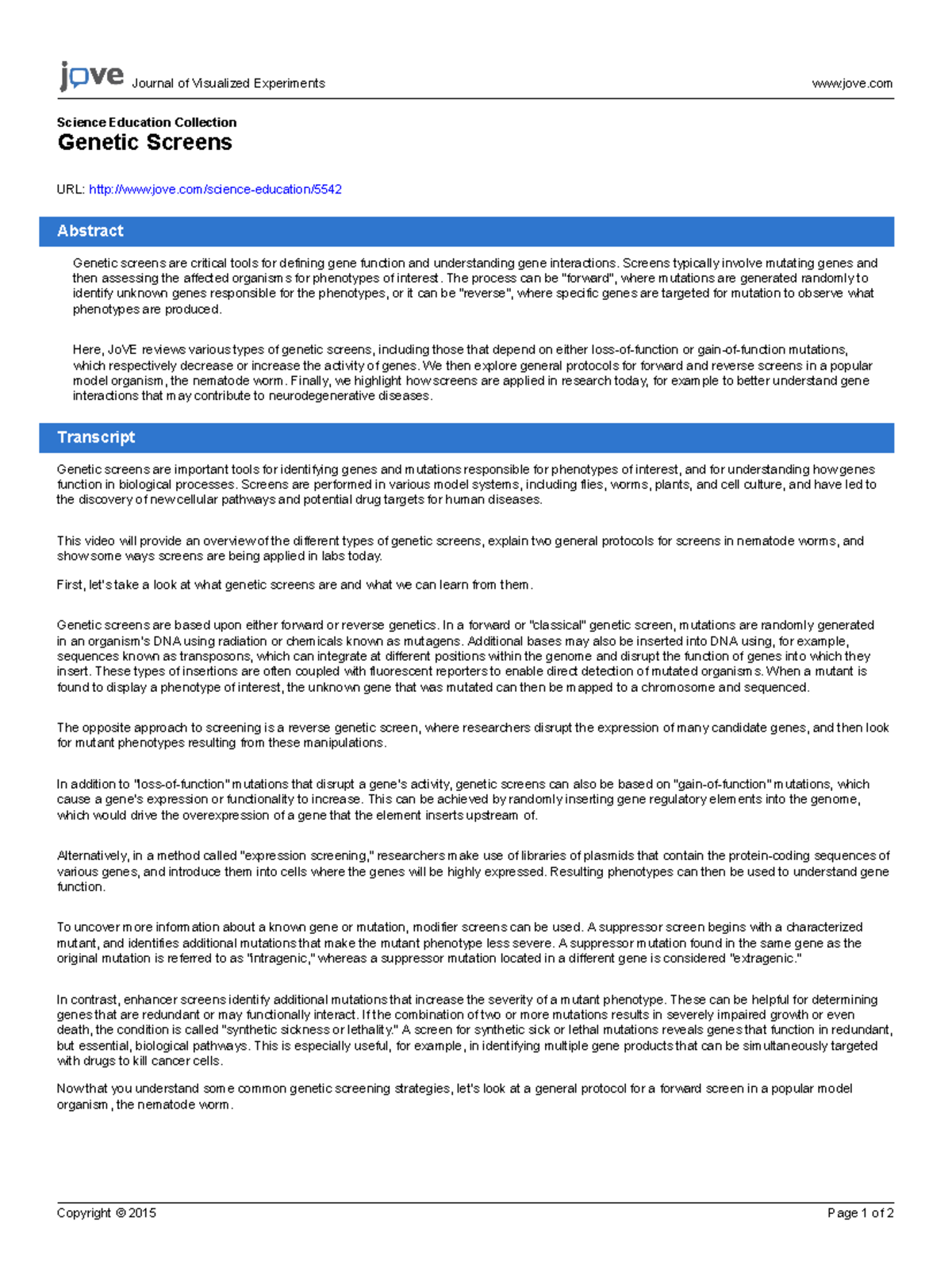 Genetic screens Jo VE - Journal of Visualized Experiments jove ...