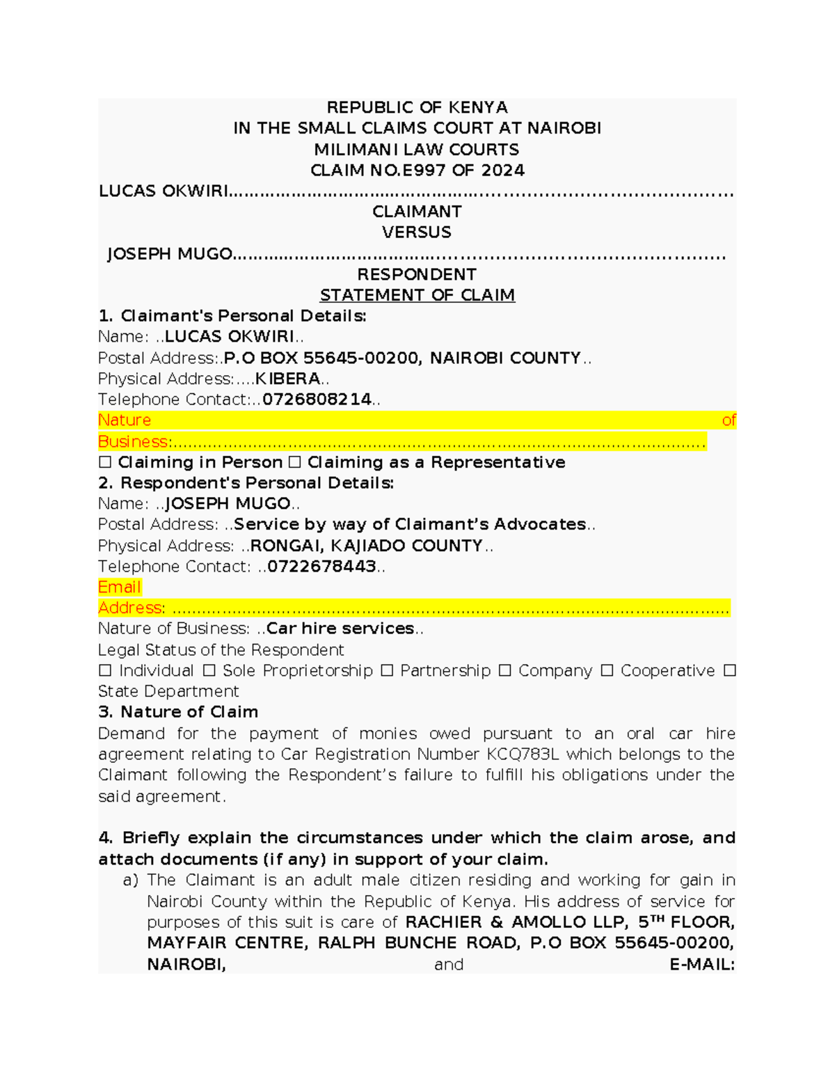 Lucas Okwiri Claim - REPUBLIC OF KENYA IN THE SMALL CLAIMS COURT AT ...