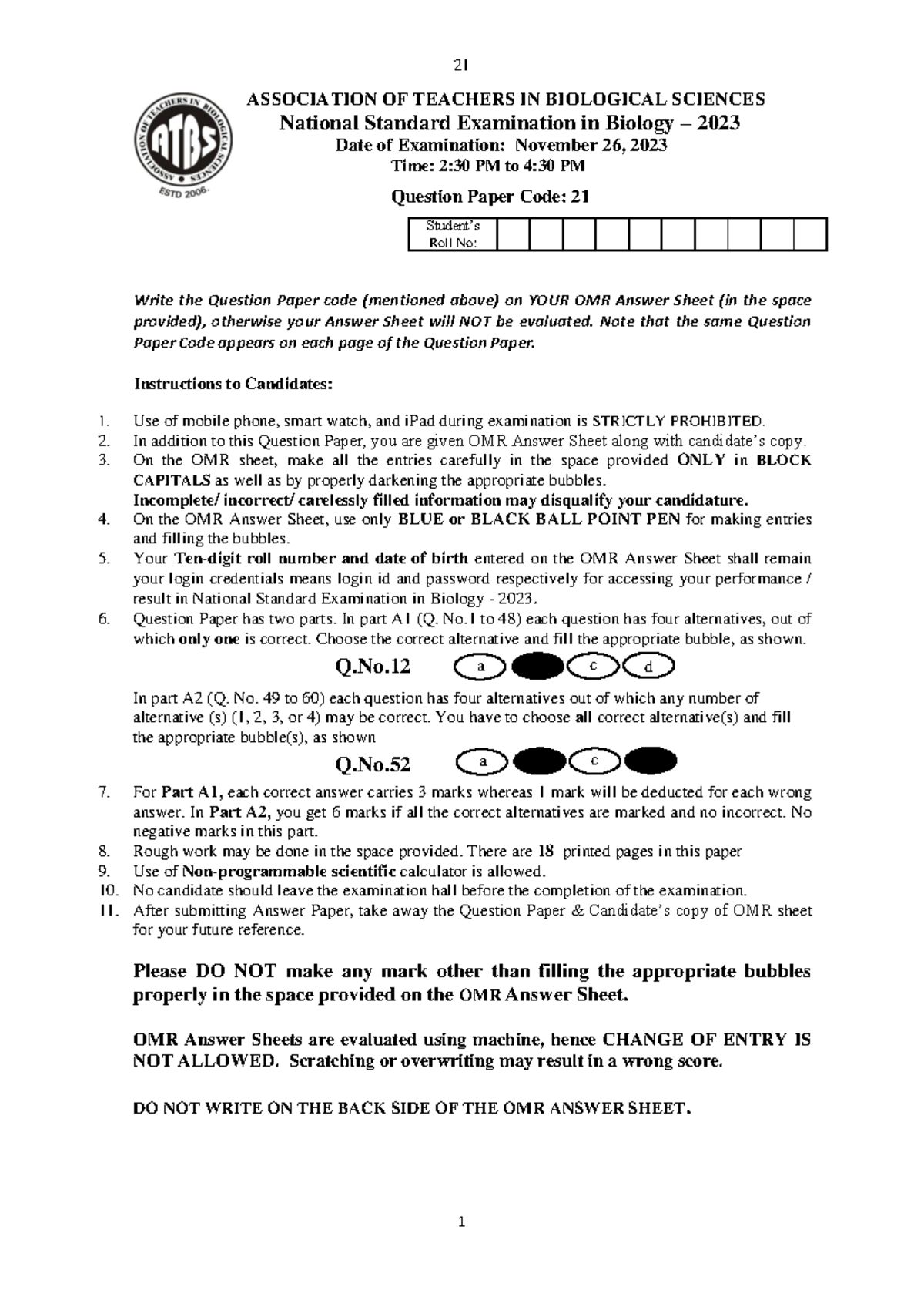 NSEB 2023 Set 21 - Questions - ASSOCIATION OF TEACHERS IN BIOLOGICAL ...