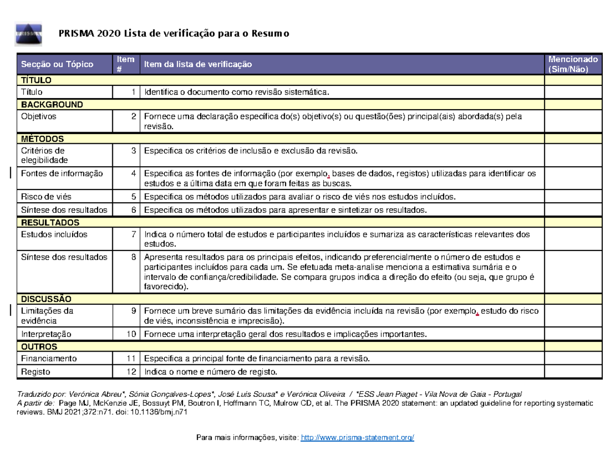Prisma 2020 abstract checklist European Portuguese - PRISMA 2020 Lista ...