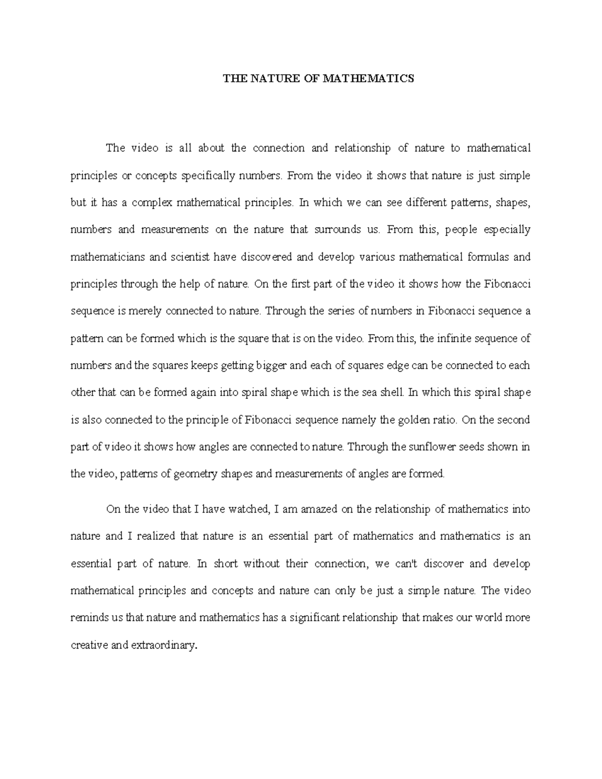 THE Nature OF Mathematics Reflection - THE NATURE OF MATHEMATICS The ...