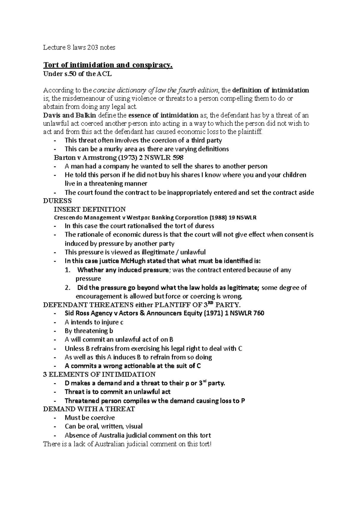 Lecture 8 laws 203 notes - Lecture 8 laws 203 notes Tort of ...