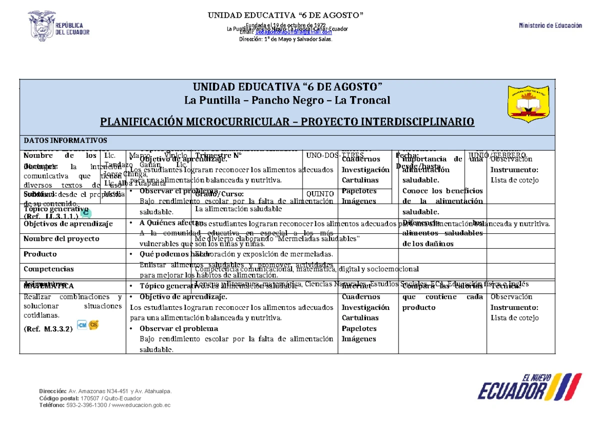 Planificación DE Inglés-3RO A- Matutina- Semana 1-2 - “NUMA POMPILIO ...