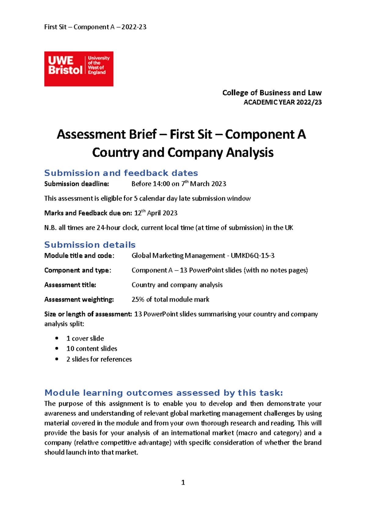 Component A Assessment Brief first sit 2022-23 - College of Business and Law ACADEMIC YEAR 2022 ...