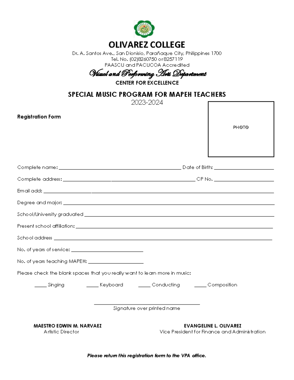 Special Music Program Registration FORM - OLIVAREZ COLLEGE Dr. A ...
