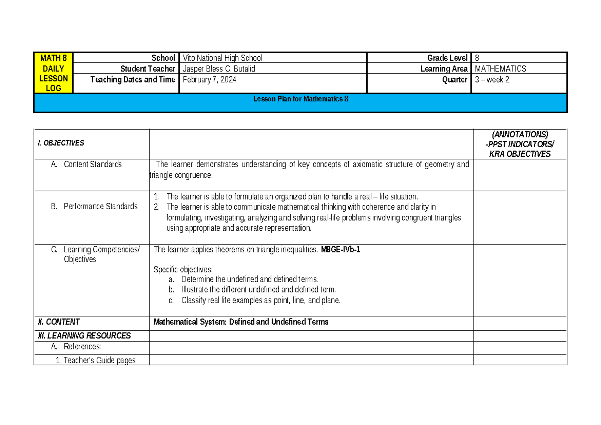 Defined and Undefined Terms - MATH 8 DAILY LESSON LOG School Vito ...