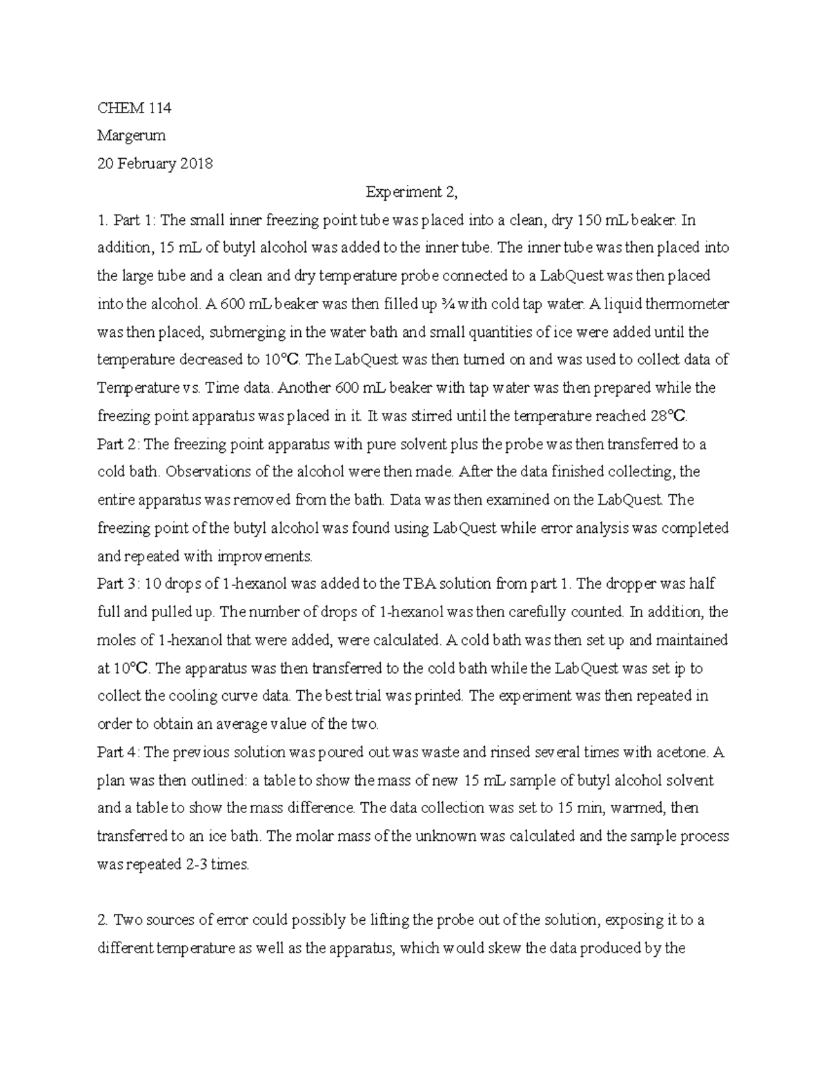 Post Lab Report Experiment #2 - (CHEM LAB 114) - CHEM 114 Margerum 20 ...