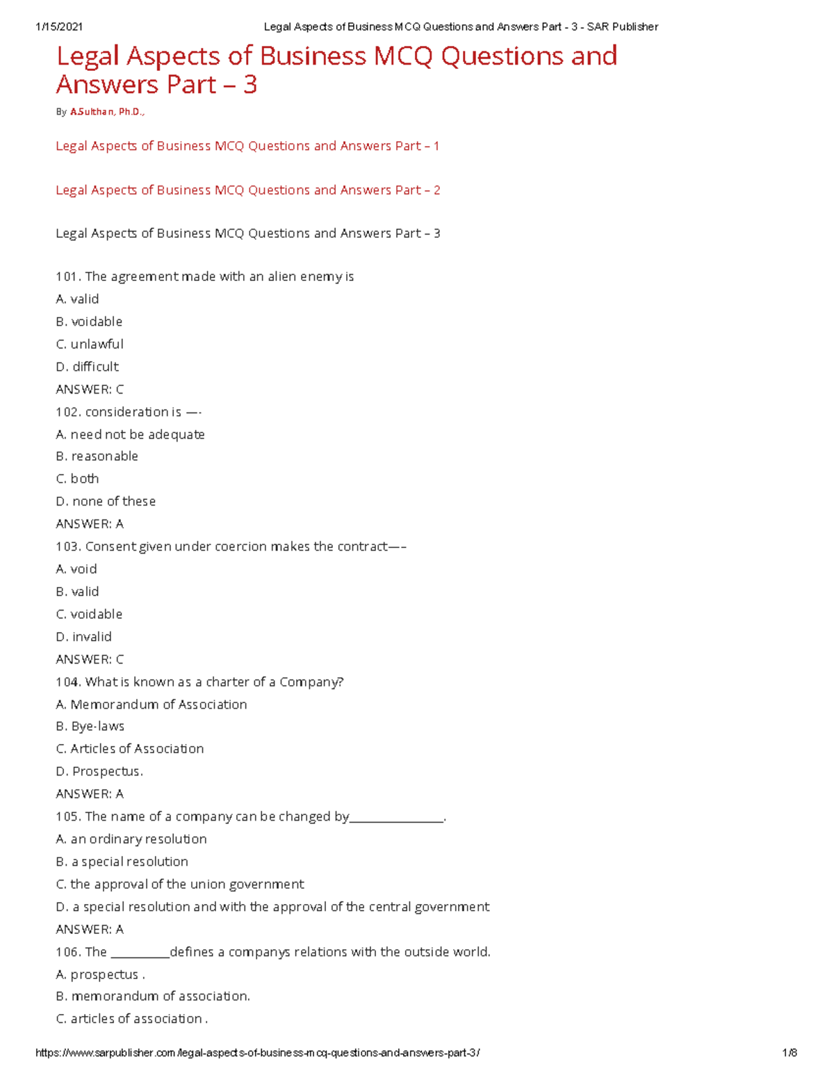 Sample/practice exam, questions and answers - Legal Aspects of Business ...