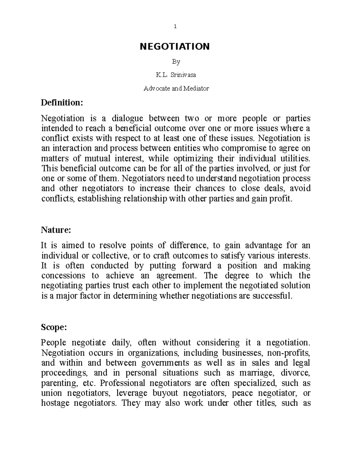Negotiation Article - 4-7-21 - K.L. Srinivasa - NEGOTIATION By K ...