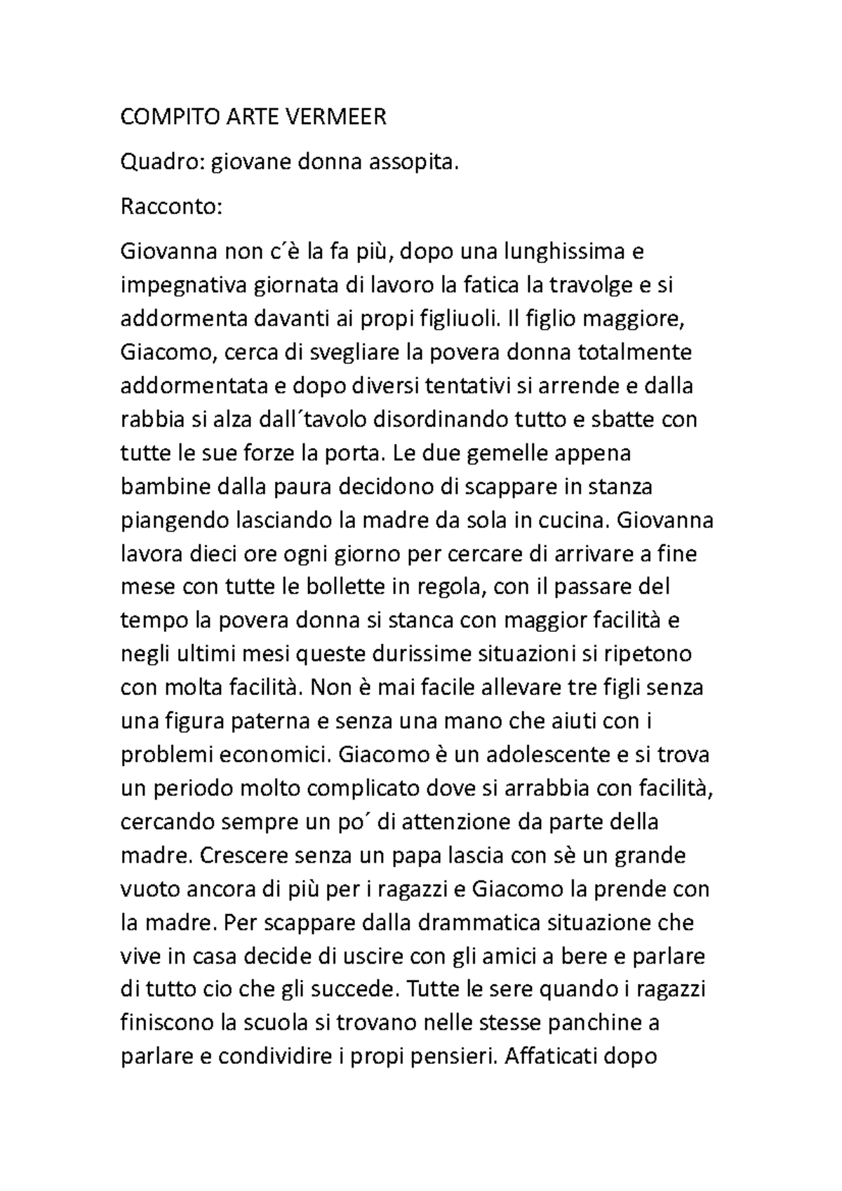 Compito ARTE Vermeer - bkjh - COMPITO ARTE VERMEER Quadro: giovane donna assopita. Racconto ...