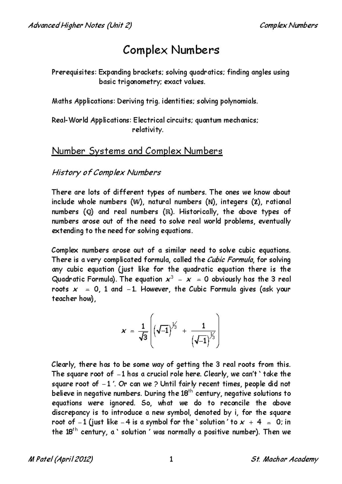 Complex Numbers Notes - Complex Numbers Prerequisites: Expanding ...