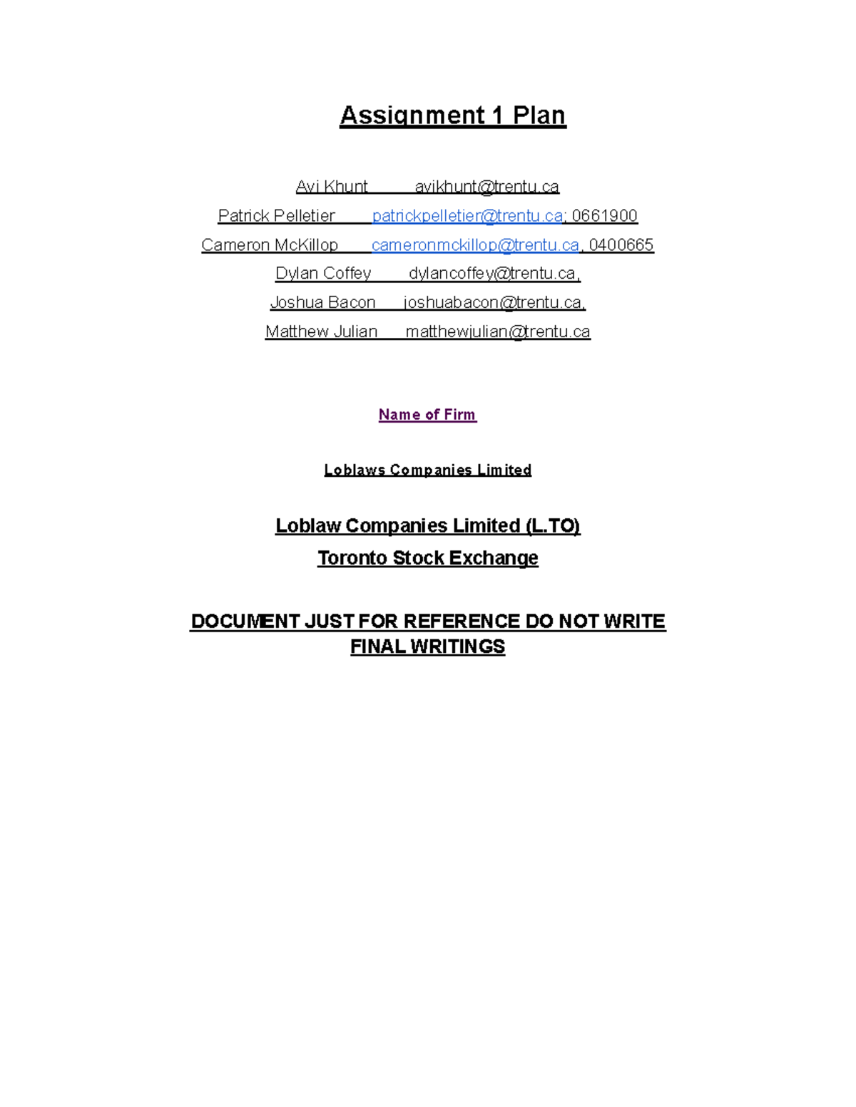 ADMN 4030H Assignment 2 PLAN - ADMN 4030H - TrentU - Studocu