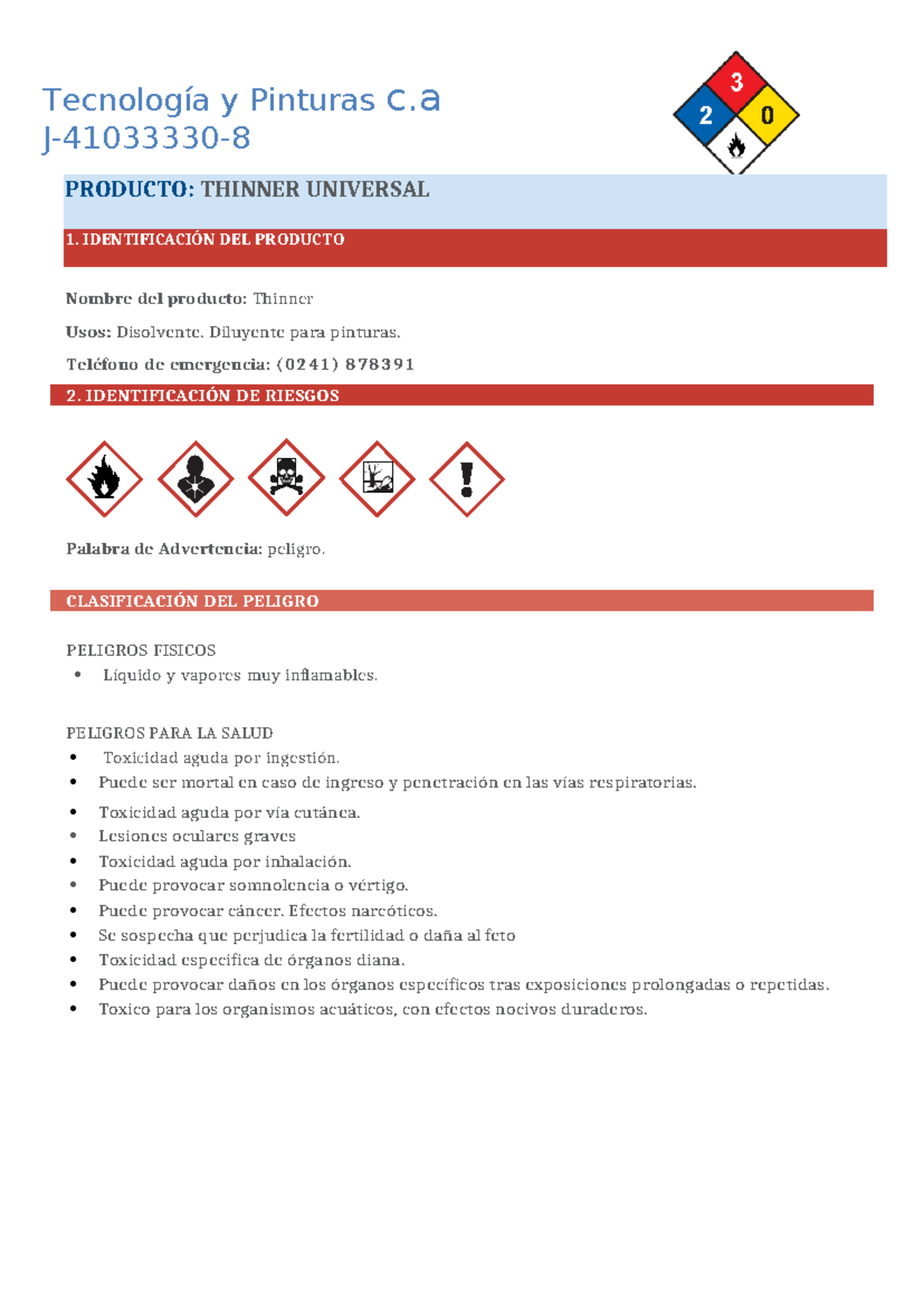 Ficha tecnica thinner 2 - 1. IDENTIFICACIÓN DEL PRODUCTO PRODUCTO: THINNER UNIVERSAL Tecnología ...