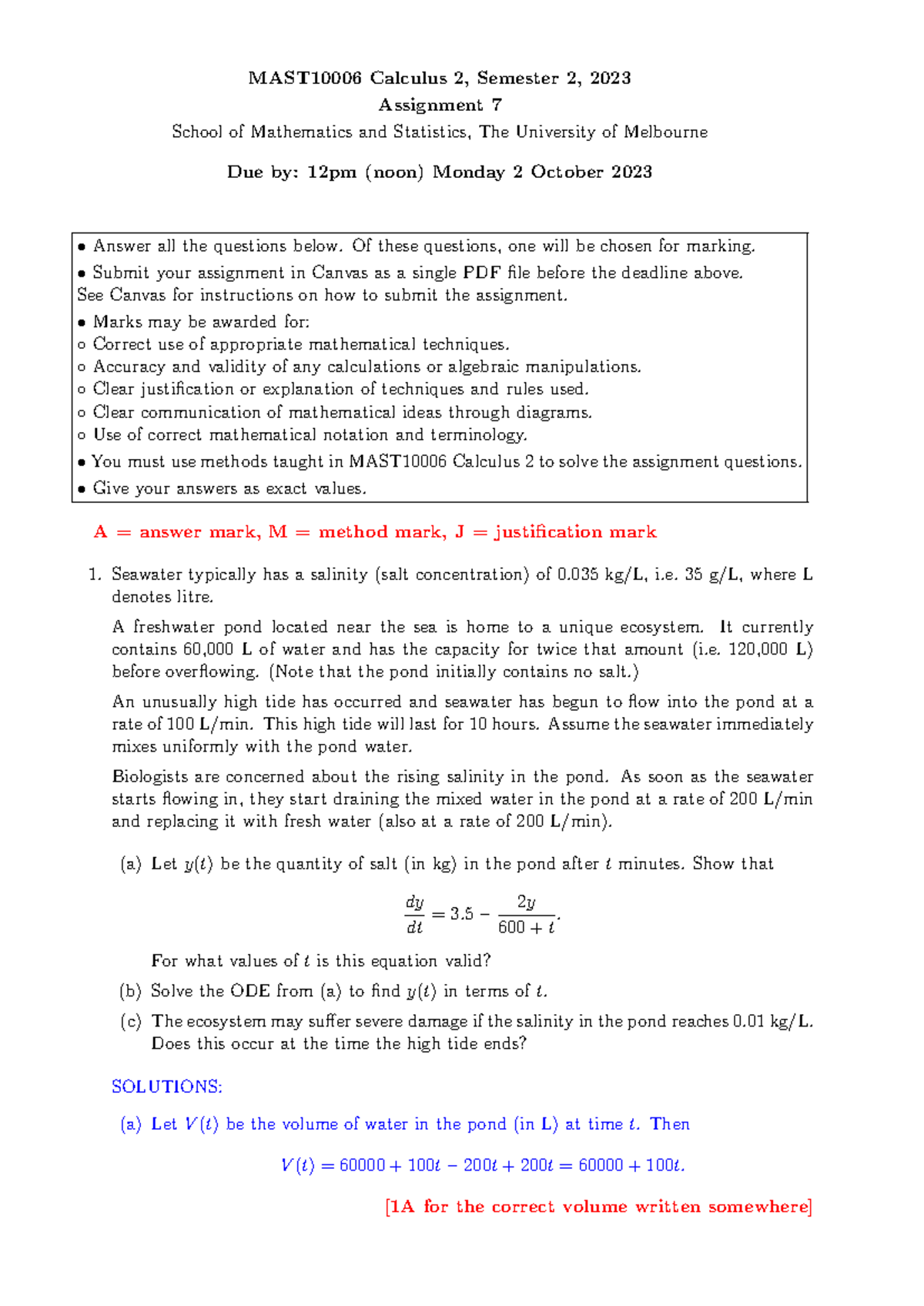 Assignment 7 MAST10006 2023s2 Solutions-marks - MAST10006 Calculus 2 ...