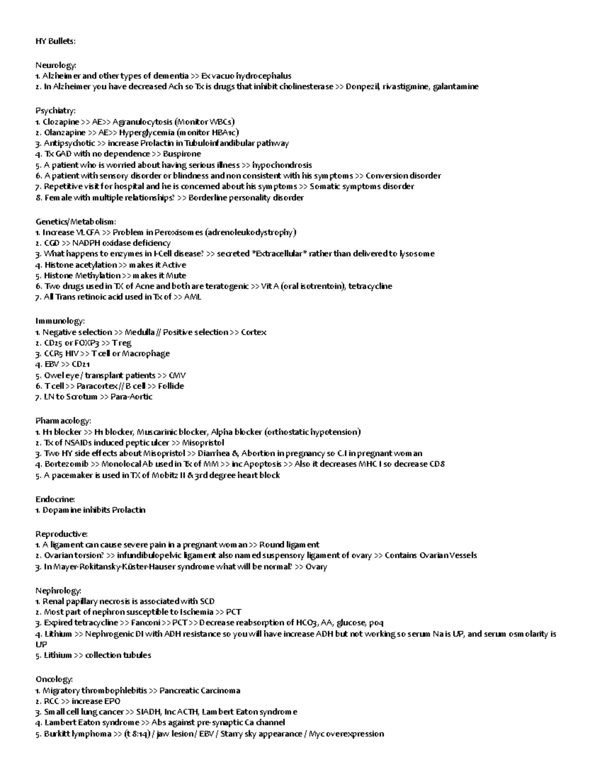 HY-Facts-Reddit - some raw high yield facts easily forgotten from usmle step 1 - HY Bullets ...