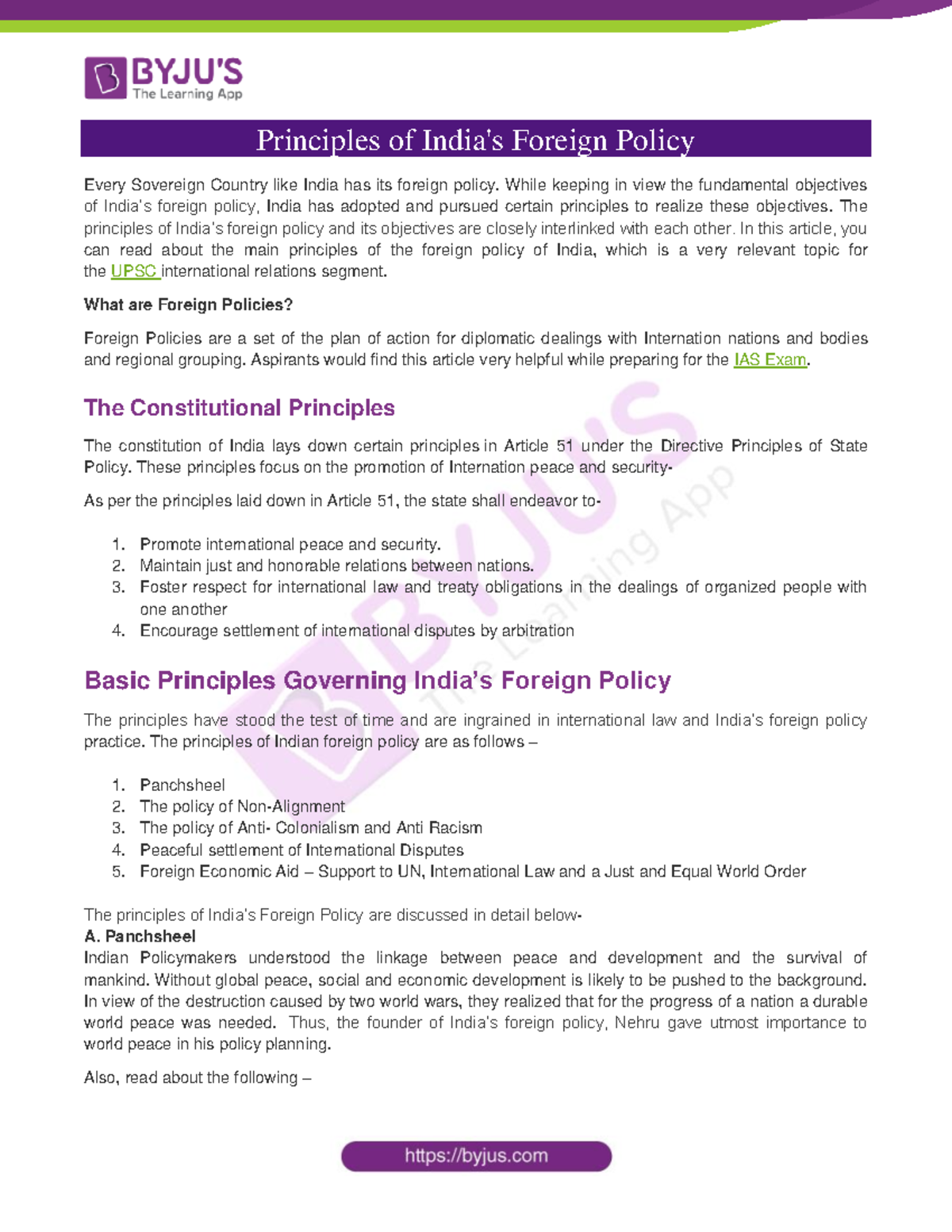 Principles of Indias Foreign Policy - While keeping in view the ...