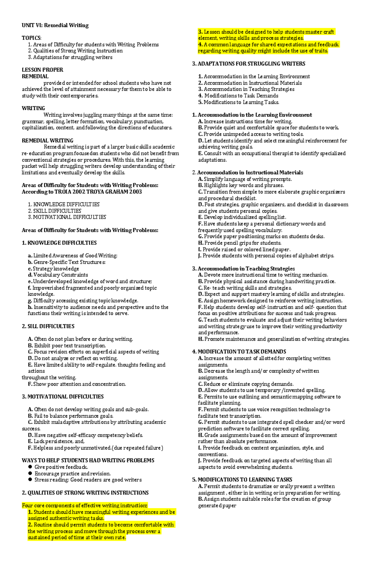 UNIT 4 - Remedial Writing - UNIT VI: Remedial Writing TOPICS: 1. Areas ...