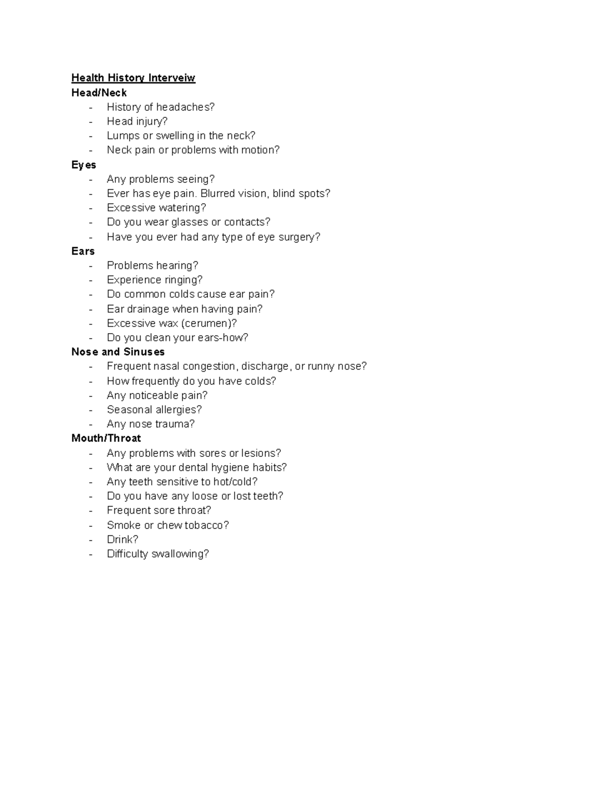 HA Head, Neck, Neurological - Health History Interveiw Head/Neck ...