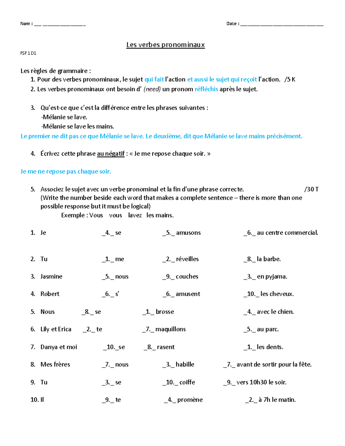 Quiz Verbes Pronominaux - Nom : ___ _________________ Date