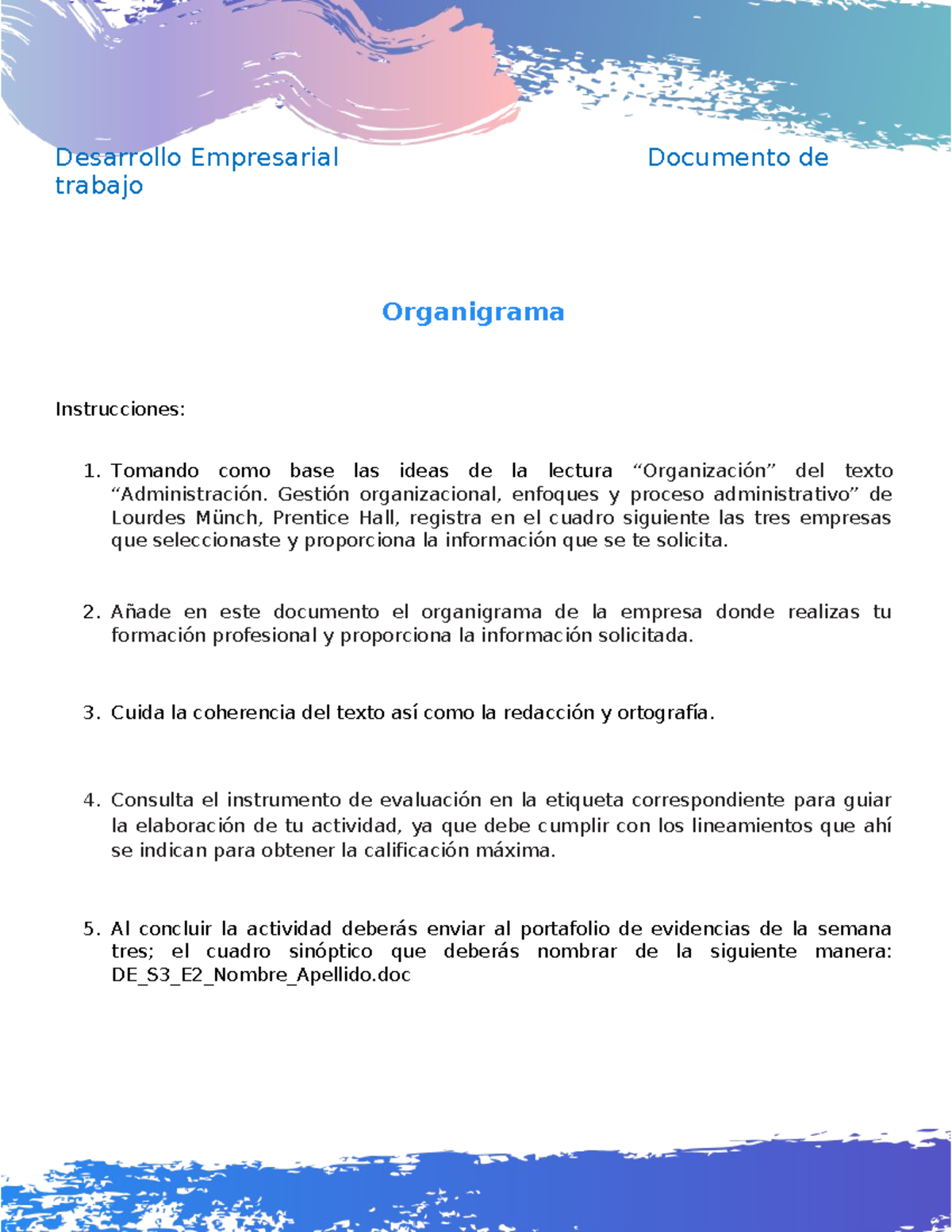 DE S3 E2 DESARROLLO EMPRESARIAL - trabajo Organigrama Instrucciones: 1 ...