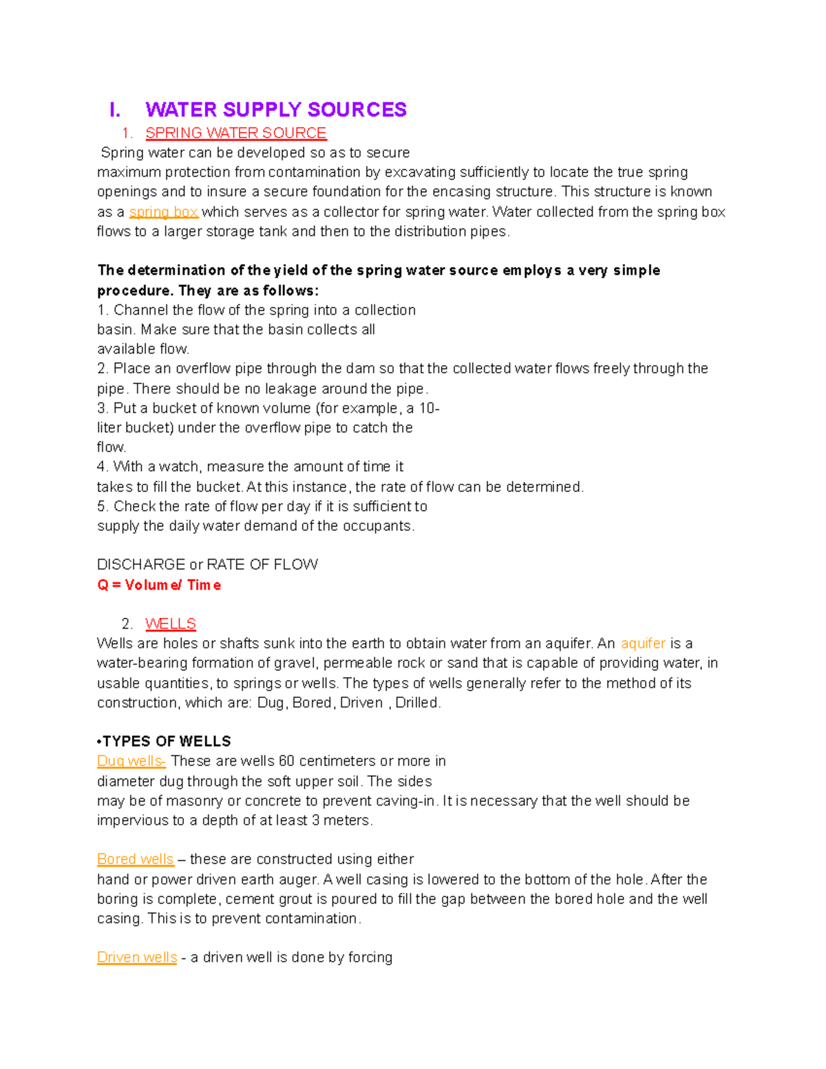 Utilities Midterm Reviewer - I. WATER SUPPLY SOURCES 1. SPRING WATER ...