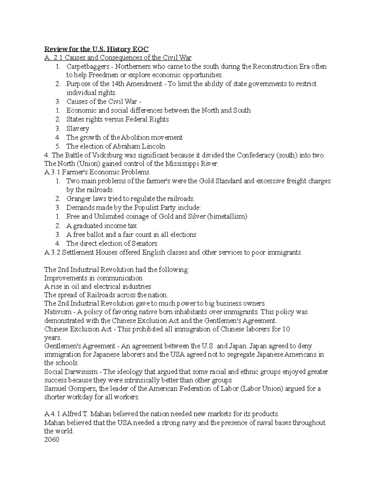 End of Course History Notes - Review for the U. History EOC A. 2 Causes ...