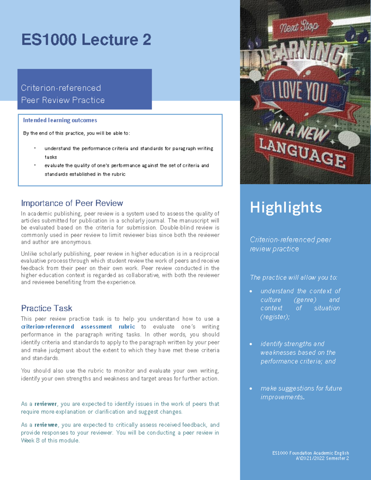 ES1000 Lecture 2 Criterion Referenced Peer Review Practice AY202122 ...