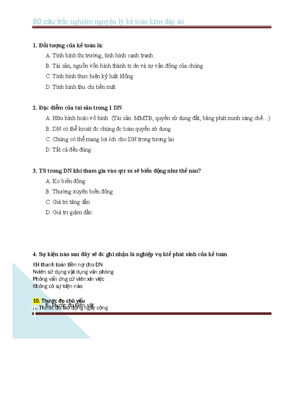 80 cau hoi trac nghiem va dap an mon nguyen ly ke toan - 80 câu trắc nghiệm nguyên lý kế toán ...