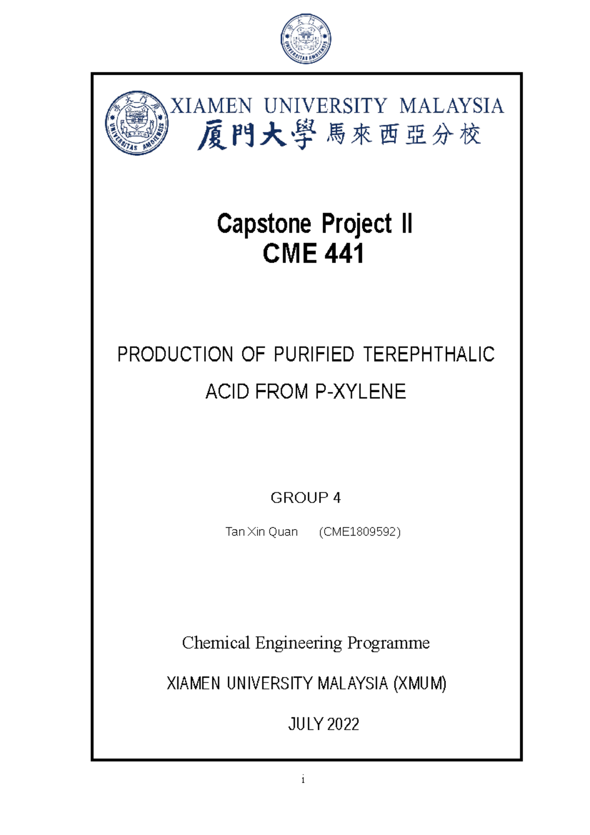 CPII Tan Xin Quan Individual Report - i Capstone Project II CME 441 ...