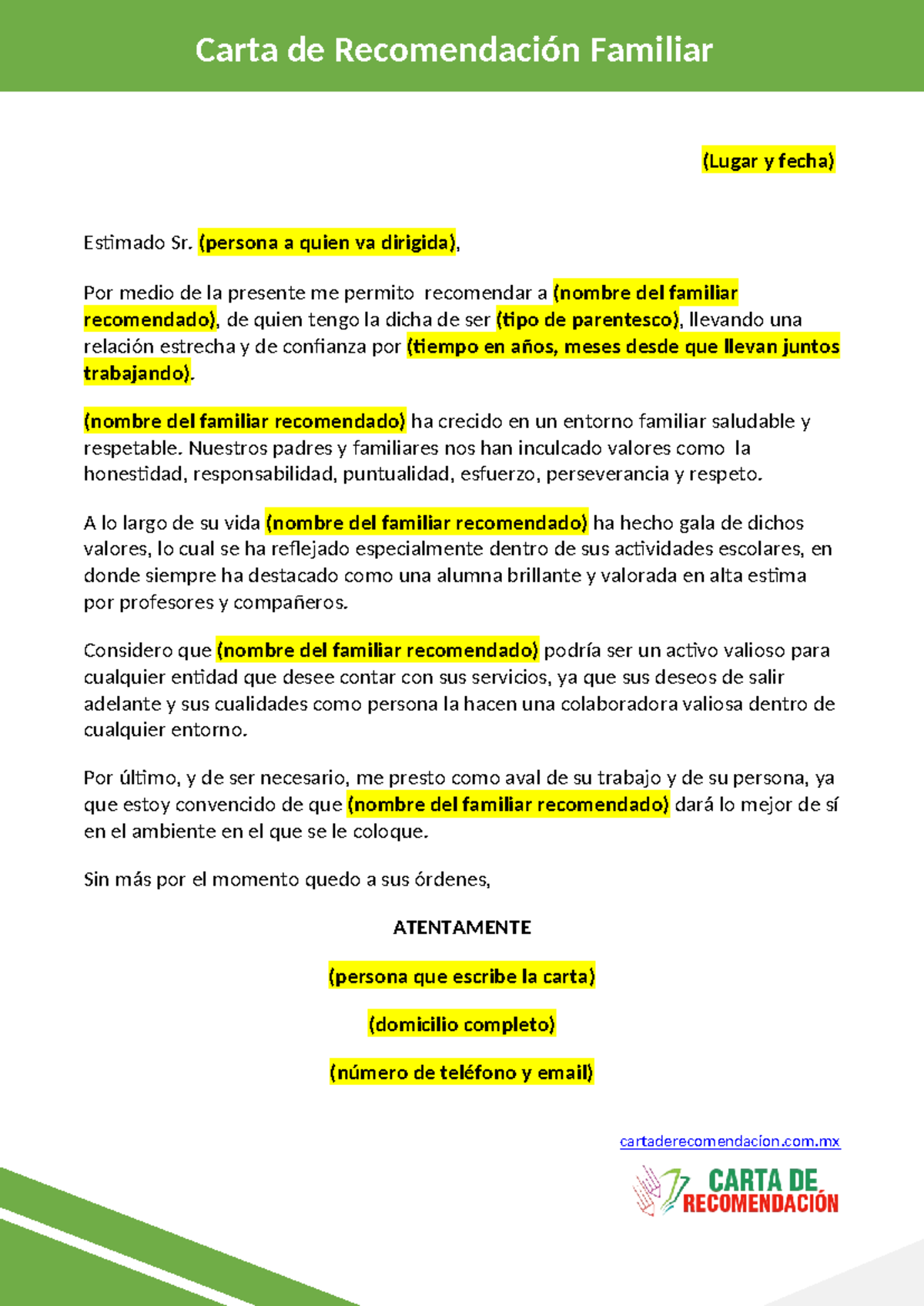 Modelo de carta de recomendacion familiar word - DESCARGA (Lugar y ...