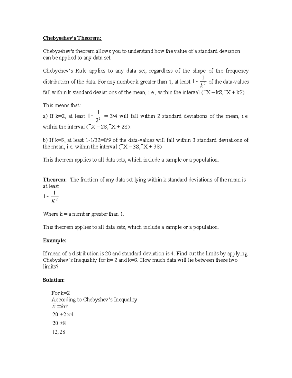 Chebychevâ€™s Rule with example - Chebysehev's Theorem: Chebysehev's ...