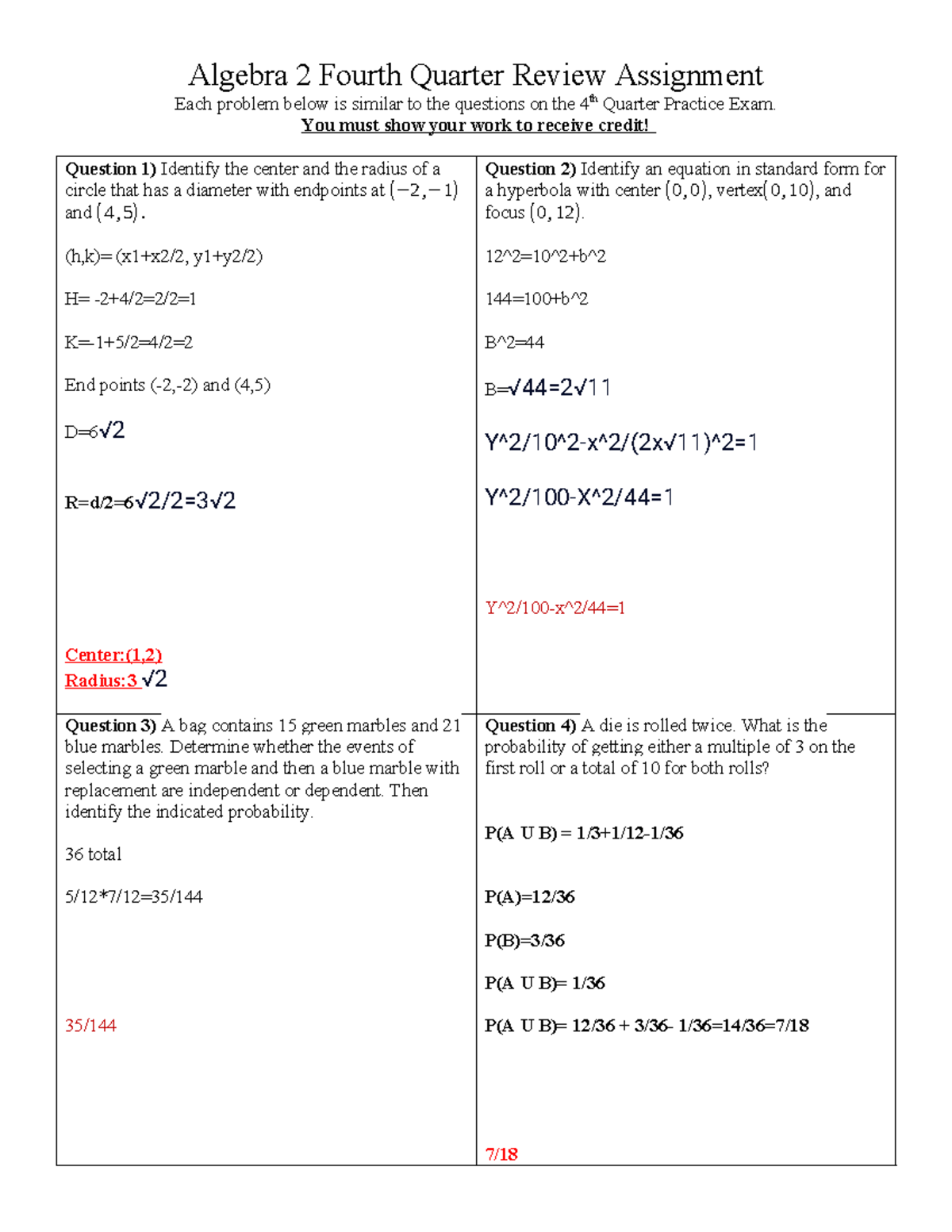 Qaurt 44444 - aaa - Algebra 2 Fourth Quarter Review Assignment Each ...