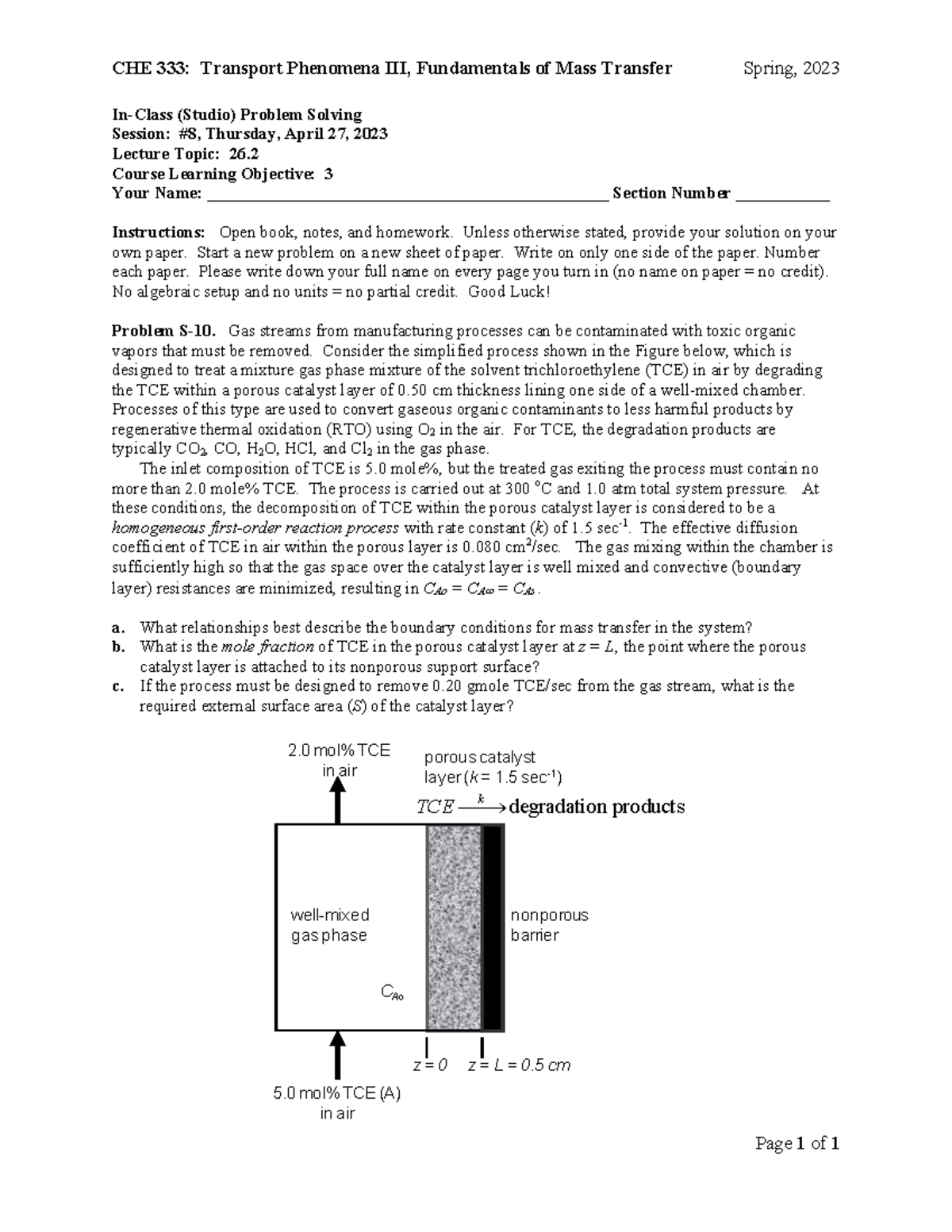 CHE 333 Studio #8 Problems 4-27-23 - CHE 333: Transport Phenomena III ...